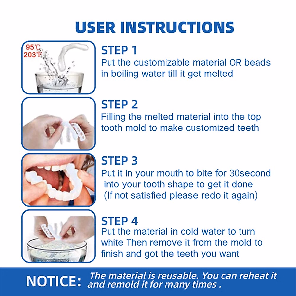 1Set Dentures Veneers Tooth,Dental Care Kits for Anti Molar Orthodontic Cosmetic Teeth,Smile Snap Tooth.(White,1Top+ 1Bottom+2Adhesives+1Tweezers+1Heart-Shaped Storage Box）