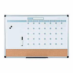 MasterVision Magnetic Dry Erase Monthly Calendar Planner Push Pin Corkboard Combo with Marker Tray, 24" x 36", Gray Plastic Frame, White, MB0707186P