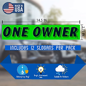 Versa Tags Windshield Slogan Stickers 12 Pack Each of ONE Owner, 3RD Row Seating, WE Finance, FINANCING Available, Warranty (60) Window Stickers Total Dealership Stickers Black On Green