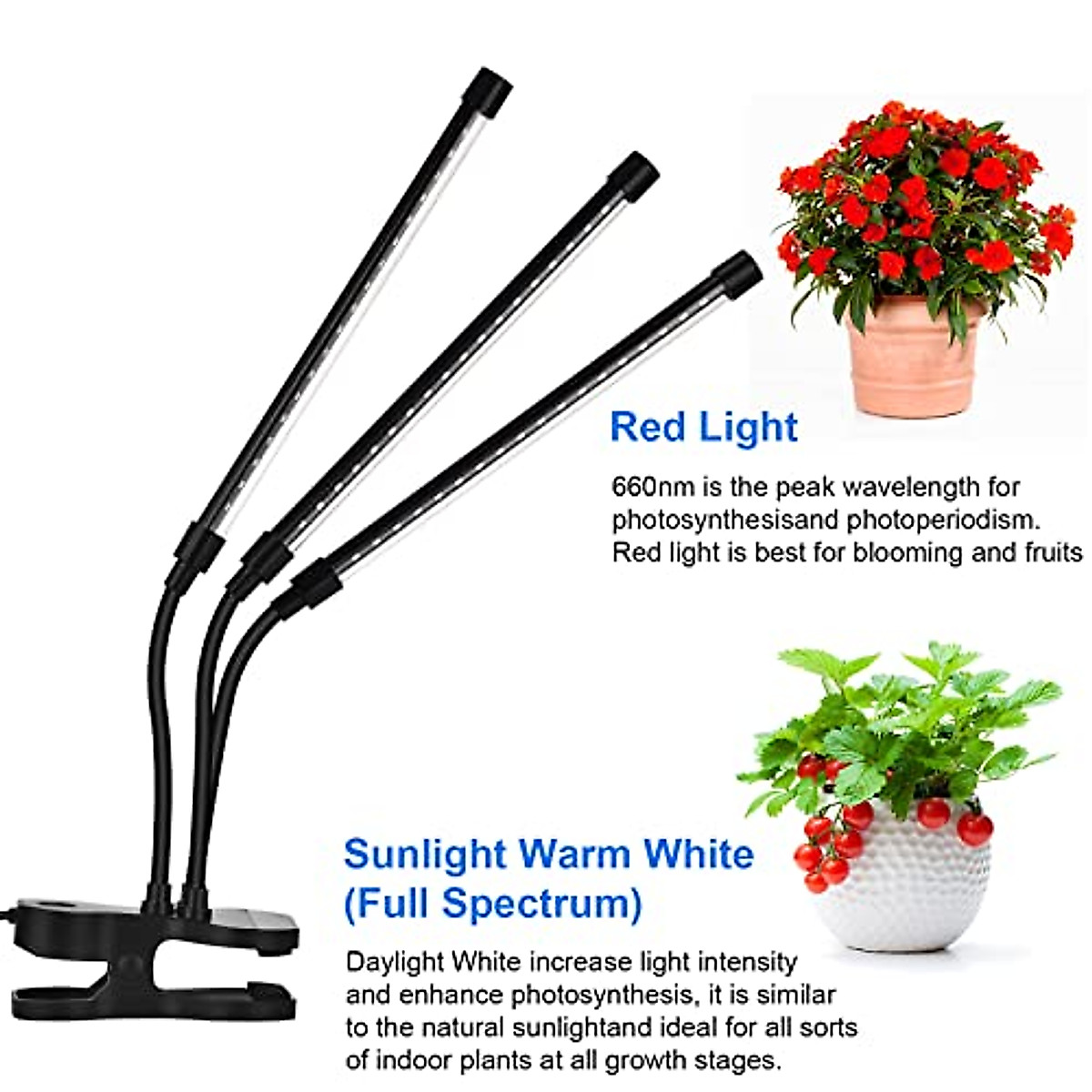 SYEIORAOM Grow Lights for Indoor Plants, 3 Head Desk Clip Full Spectrum LED Plant Lights, Adjustable Gooseneck, Horizontal Plant Lights for Indoor Plants (Three Heads Grow Lights)