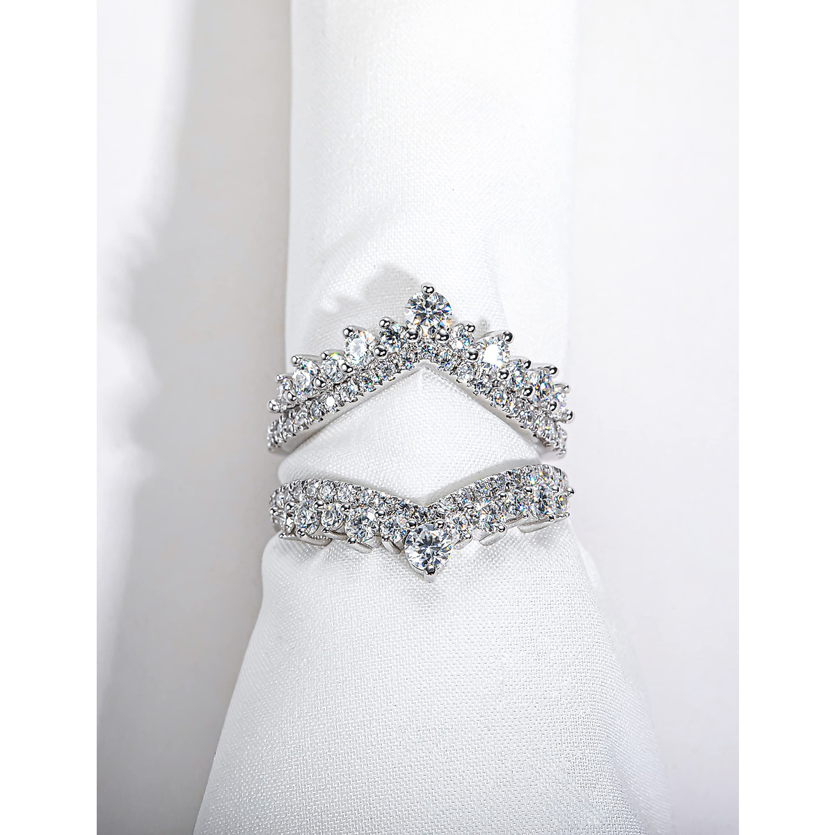 CannyCat 1.23 CTTW Moissanite Ring Enhancers 2 pieces Lab Created Diamond Curved Wedding Bands for Women Platinum Plated Silver Eternity Stacking Rings Wrap Guard for Engagement Anniversary Ring (5.5)