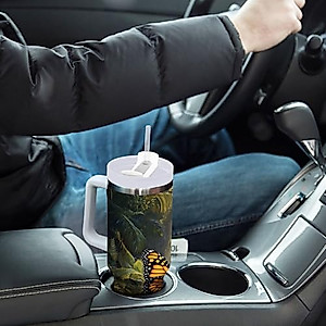 Slewiaeky Tumbler with Handle 40 oz Tropical Butterfly Insect Travel Mug with Lid and Straw Pineapple Stainless Steel Vacuum Insulated Water Bottle Cup for Iced Tea Coffee Cold Beverages Cup Holder F