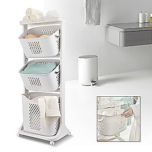 3 Tier Washing Hamper Dirty Clothes Storage Bin Multi Layer Rolling Laundry Cart PP Storage Hamper Freestanding Clothes Hamper Organizer with Portable Handle for Bathroom Living Room Bedroom Kitchen