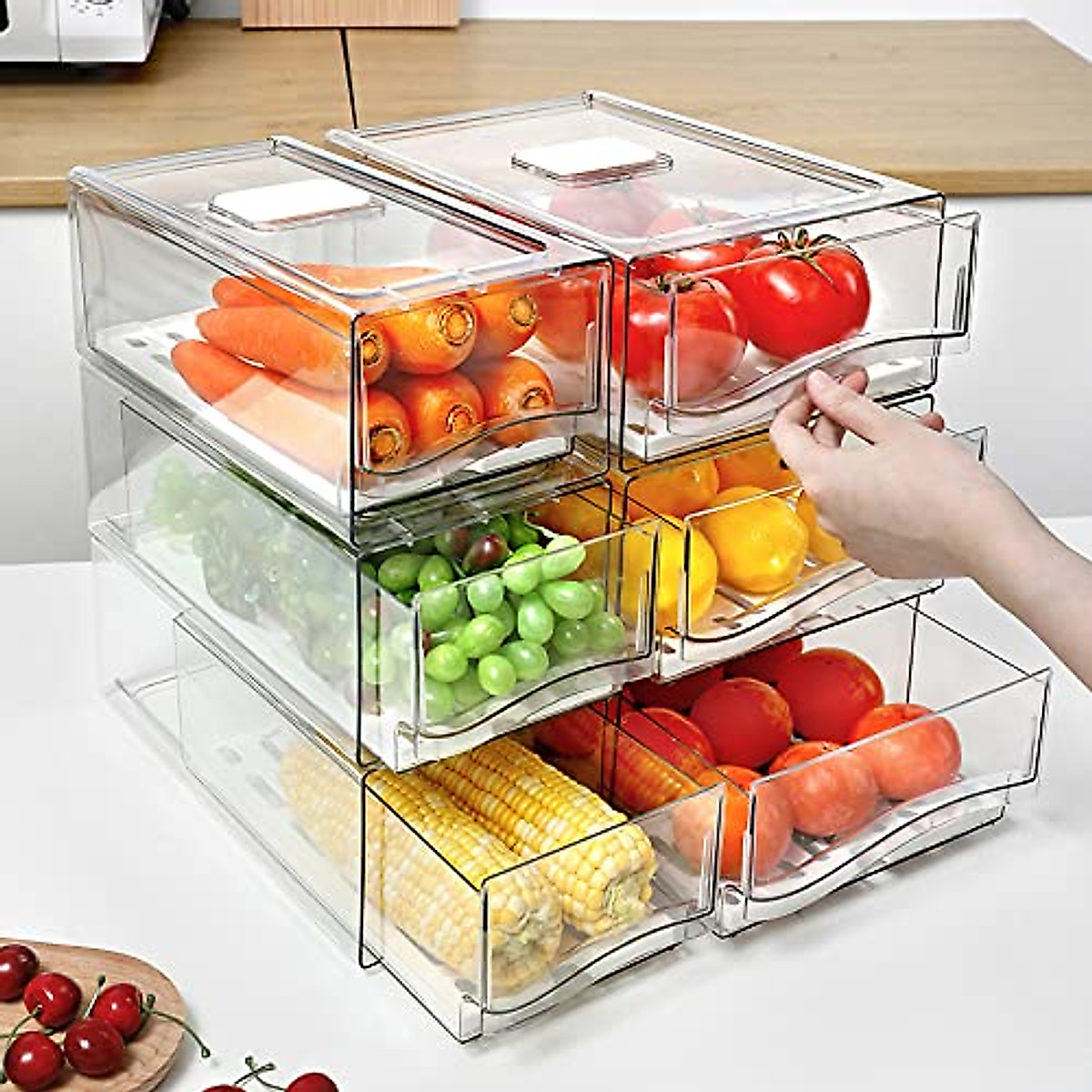 XIYAO 2 pack Stackable Fridge Organizer Bins Drawers With Vented Lids And Drain Tray ,Clear Pantry Organization and Storage,BPA-free Food Fruit Vegetables storage for Freezer, Cabinet, Kitchen, 11.8"x8.11"x4.5"