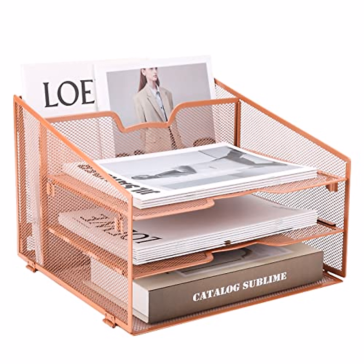 Meshist Rose Gold Desk Accessories Organizer, Desktop File Organzier with 3 Letter Trays and 1 Upright Section, Paper Organizer for Home and Office