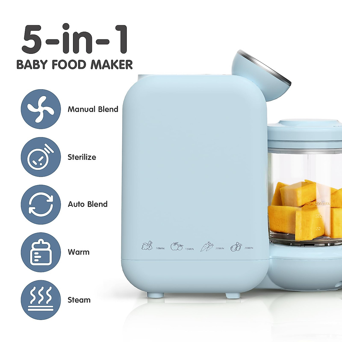 Awesmom Baby Food Maker, 5 in 1 Baby Food Processor, Smart Control Multifunctional Steamer Grinder with Food Pouches, Puree Blender, Auto Cooking & Grinding, Baby Food Warmer Mills Machine, Blue