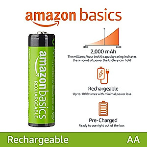 Amazon Basics 16-Pack AA Rechargeable Batteries, Recharge up to 1000x, Standard Capacity 2000 mAh, Pre-Charged