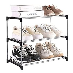 Fouews Small Shoe Rack, Narrow Stackable Shoe Shelf Organizer for Entryway, Doorway and Bedroom Closet (3-Tier, Black)