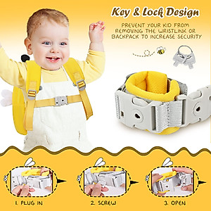 Zooawa Toddler Harness Backpack with Leash, 2 in 1 Cute Bee Kid Backpack with Anti Lost Wrist Link, Toddler Backpack Harness with Safety Leash for 1-4 Years Old Baby Boys Girls