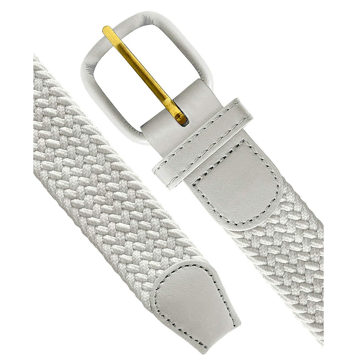 Belts.com Leather Covered Buckle Woven Elastic Stretch Belt, White, (L(37"-39")