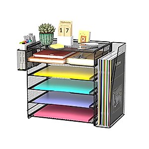 Samstar Mesh Desk Organizer, Paper Letter Tray with 5 Tier Racks Shelves,1 Extra Vertical File Sorter and Pen Holders for Office Supplies,Black