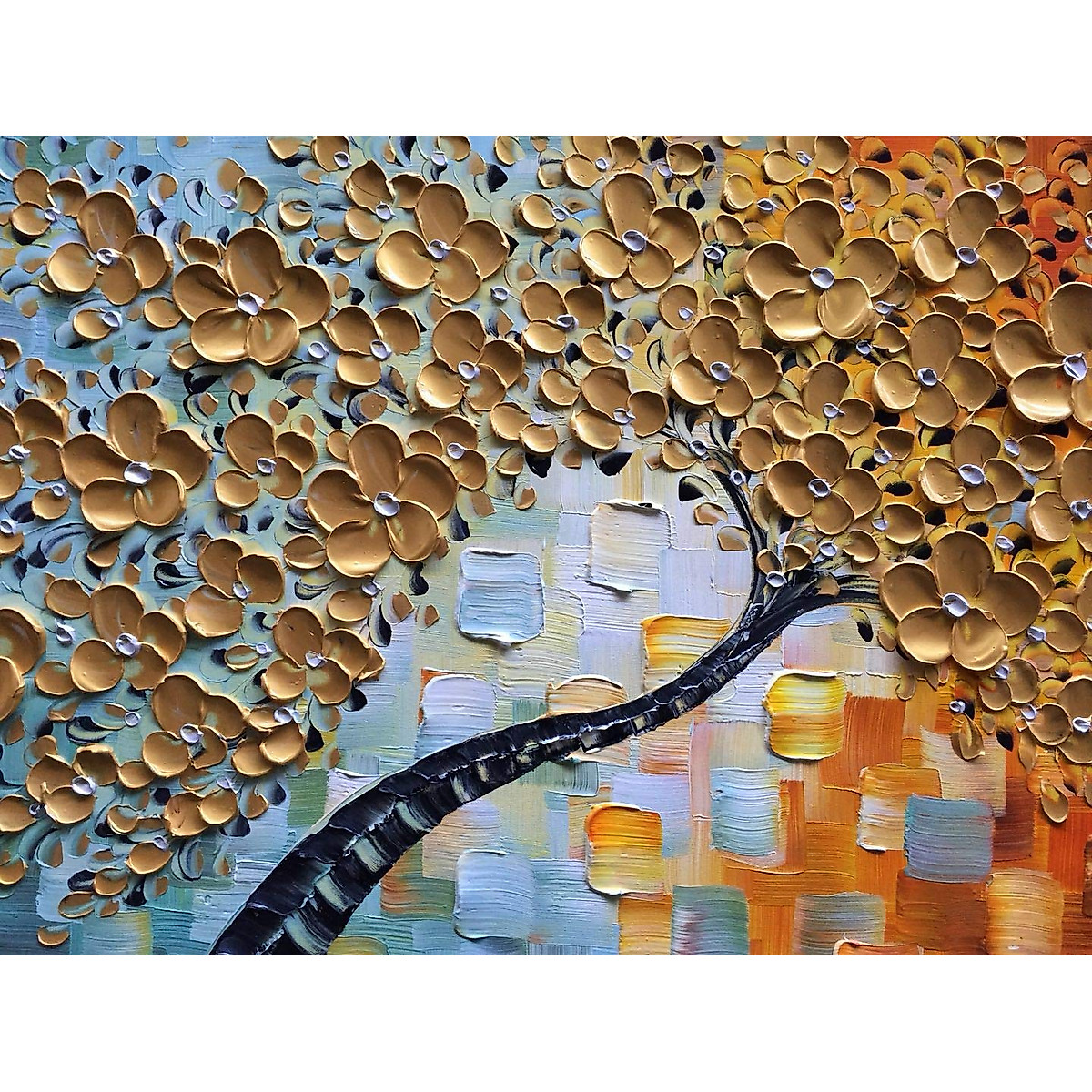 Tyed Art-24x48 Inch Golden Flower Paintings 3D Abstract Paintings Oil Hand Painting On Canvas Wood Inside Framed Ready to Hang Wall Decoration for Living Room Bed Room