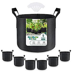 GreatBuddy 5 Gallon Grow Bags 6-Pack, Thick Fabric Pots for Plants, Sturdy Handles & Reinforced Stitching, Labels Included, Black