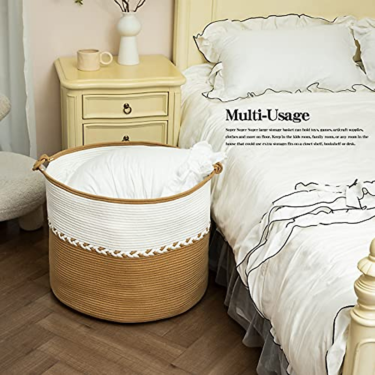 KEBEIYA Large23.62x17.31x23.62 inch Blanket Storage Basket, Woven Baby Laundry Basket with Built-in Handles for Blanket Storage, Nursery Basket Soft Storage Bins