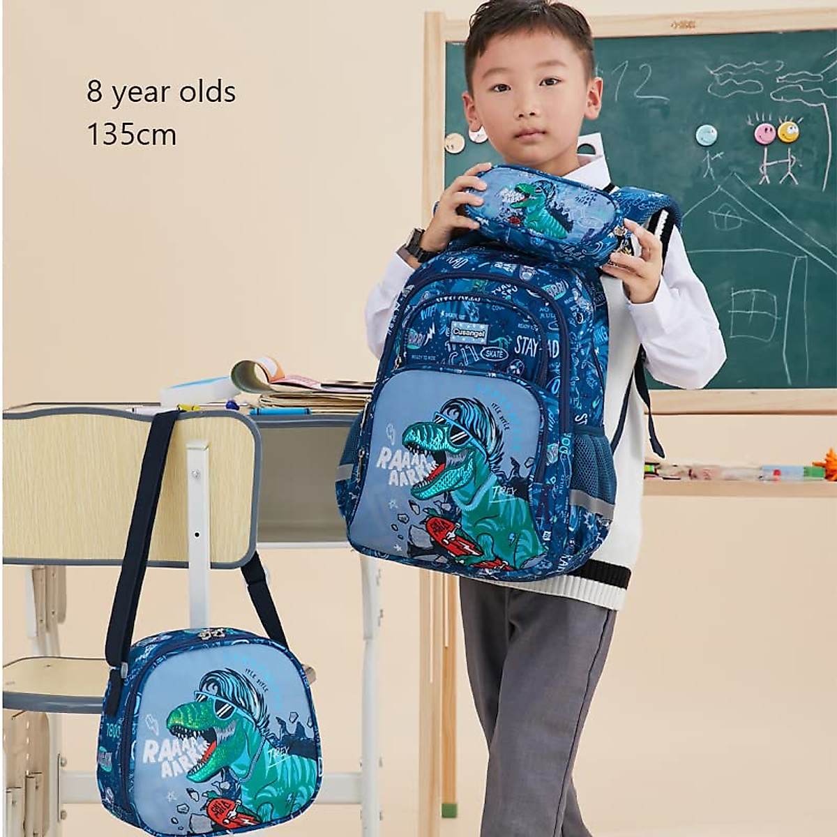 Cusangel Kids Backpack Boys,Boys Backpack with Lunch Box Multi Compartment Backpack, Dinosaur Backpack Chest Strap Side Pockets 16 Inch