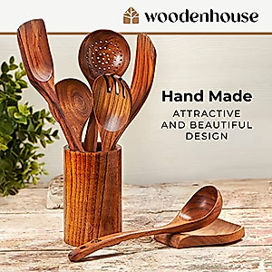 Wooden Spoons for Cooking, Wooden Cooking Utensils Set with Holder & Spoon Rest, Teak Wood Spoons and Wooden Spatula for Cooking, Nonstick Natural and Healthy Kitchen Cookware, Durable Set of 13pcs