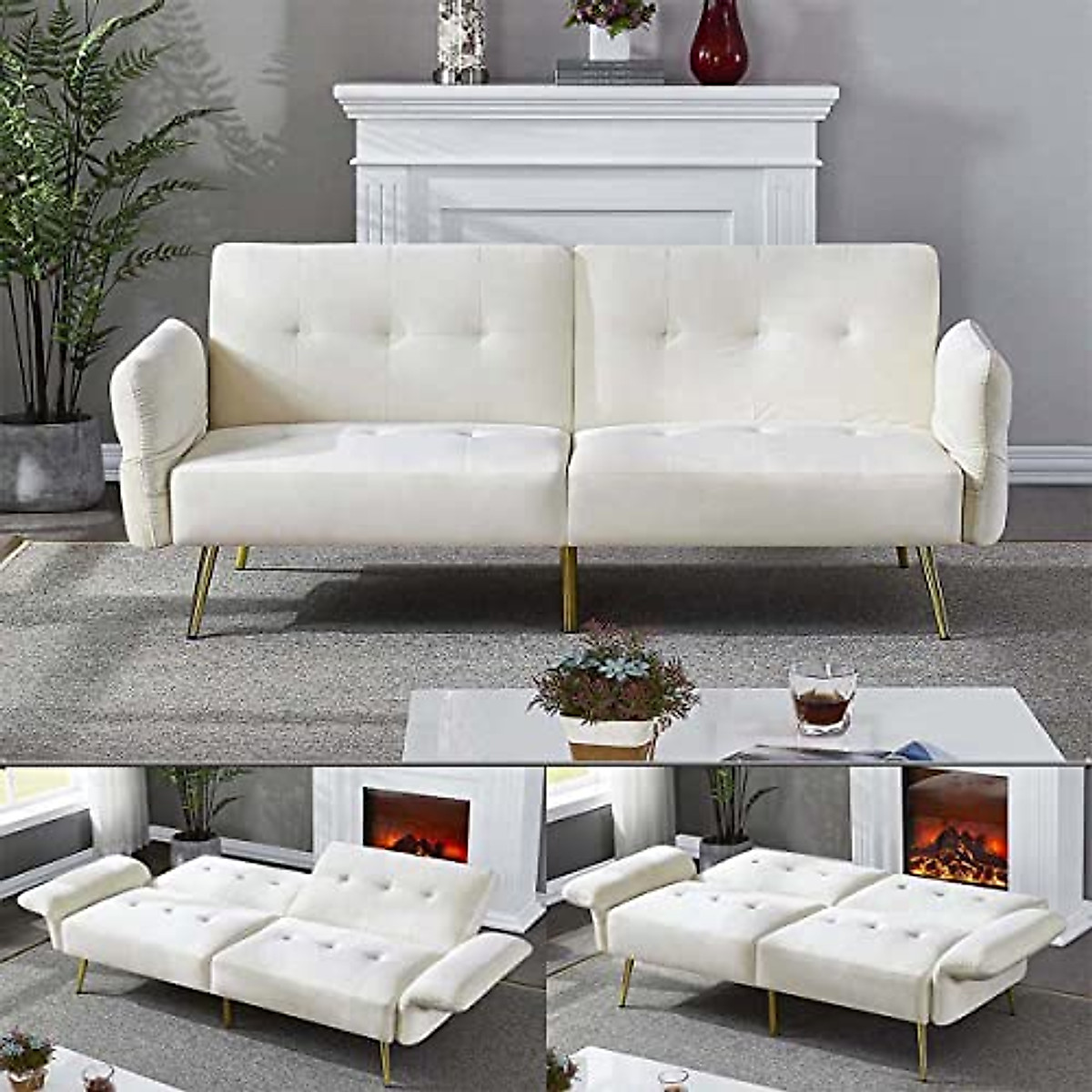 Lin-Utrend 67" Comfortable Velvet Couch，Convertible Sofa Bed, Living Room Sofas with Adjustable backrest and armrest, for Living Room, Apartment, Bedroom, Office, Shop(Beige)