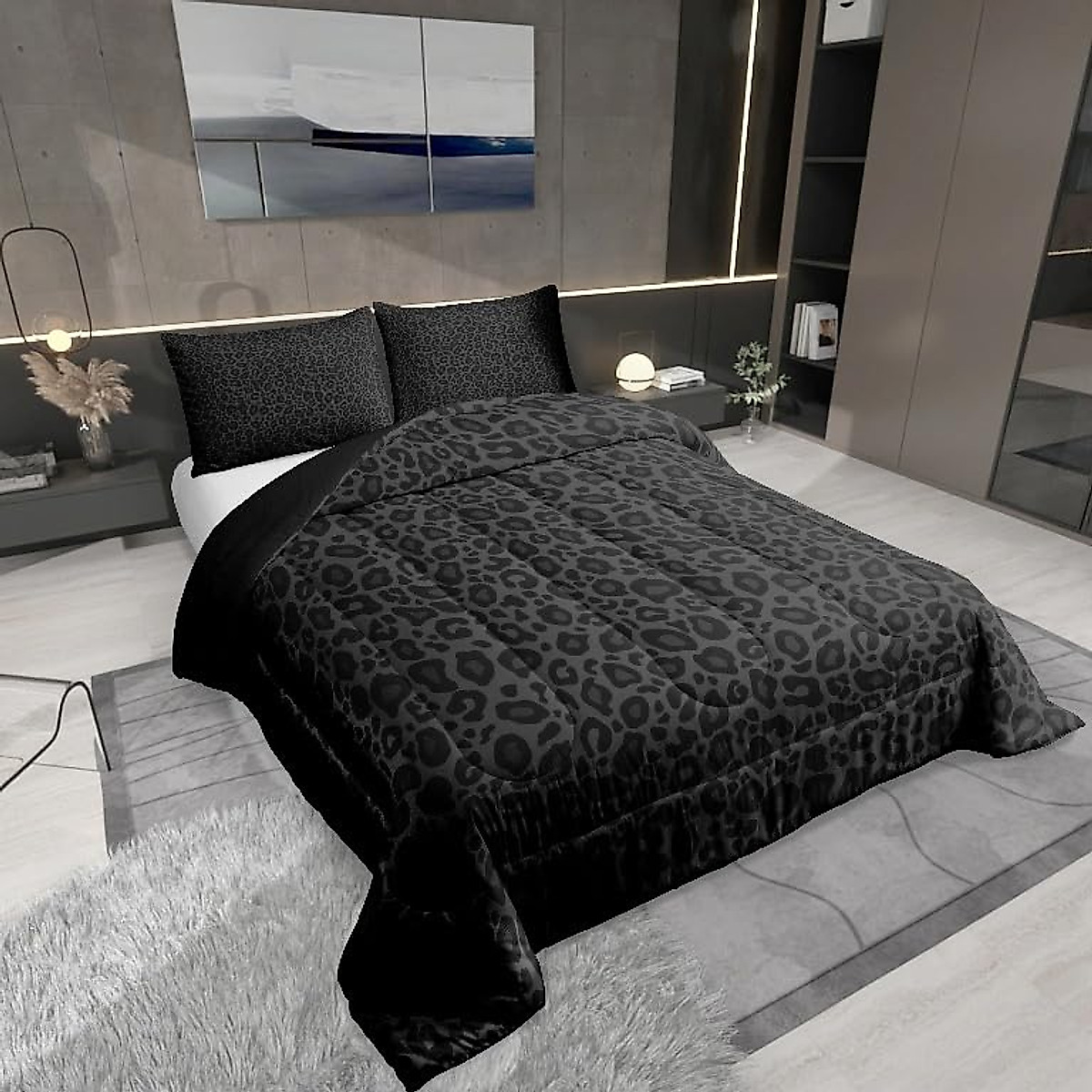 Castle Fairy Gray Wild Animal Skin Boys Girls Comforter Set Full Size,Leopard Print Duvet Set Teens Bedroom Decor,African Cheetah Wildlife Microfiber Soft Bedding