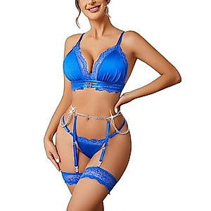 Avildlove Woman Sexy Lingerie Garter Belt Set Lace Lingeries Bra and Panty Sets No Stockings (Blue, M)