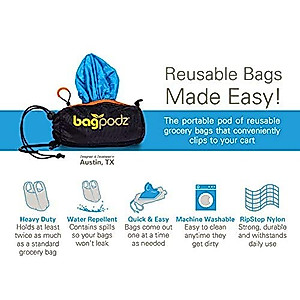 BagPodz Reusable Shopping Bags Inside a Compact Pod with Carry Clip - Washable Grocery Shopping Bags - Reusable Grocery Bags Heavy Duty RipStop Nylon Holds 50lbs Very Sturdy, 10 Pack in Blue