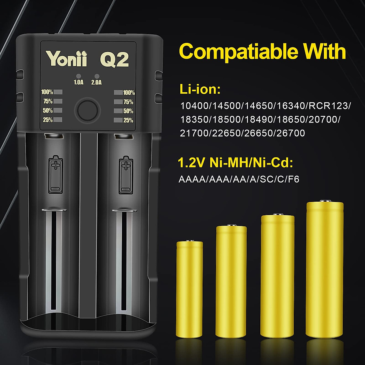 18650 Charger,Smart Universal Charger Fast Charger 2 Bay for Rechargeable Batteries Ni-MH Ni-Cd AA AAA Li-ion IMR 10440 14500 16340 RCR123A 26650 3.6V 3.7v 1.2v Current 1A 2A Optional (No Battery)
