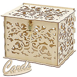 ZENFUN Wedding Card Box with Lock and Card Sign, Wooden Hollow Card Box DIY Envelop Gift Money Box, Wedding Reception Box for Party Supplies, Baby Showers, Birthdays, Graduations