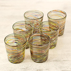 NOVICA Rainbow Centrifuge Hand Blown Multicolor Recycled Glass Water Glasses, 11 Oz, (Set Of 6)