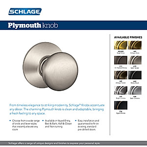 Schlage F40 PLY 626 Plymouth Door Knob, Bed & Bath Privacy Lock, Satin Chrome