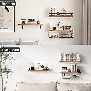 Eunvabir Floating Shelves for Bathroom Storage Decor with Basket, Wood Wall Mounted Over The Toilet Shelves, Hanging Shelf for Bedroom Kitchen Laundry Living Room Plants Farmhouse Organizer