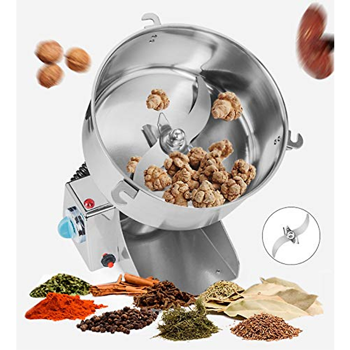 Electric Grain Grinder, High Speed Timing Grinder Powder Machine for Herb Coffee Spices, Multifunction Cereals Grinder Mill with Overload Protection, Home/Commerci