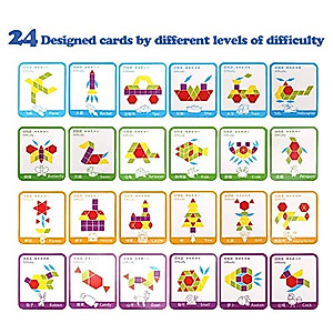 155 Pcs Wooden Pattern Blocks Set - Geometric Shape Puzzle Kindergarten Classic STEM Educational Montessori Tangram Toys with 24 Pcs Design Cards for Kids Boys Girls Ages Over 36 Months