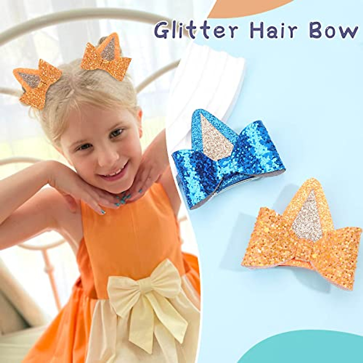 2 Pairs Blue Dog Ears and Orange Dog Ear Hair Bow Clips for Toddler Kids Adult Glitter Bows Halloween Costume Animal Cosplay Hair Accessories Birthday Party Supplies (Blue+Orange)