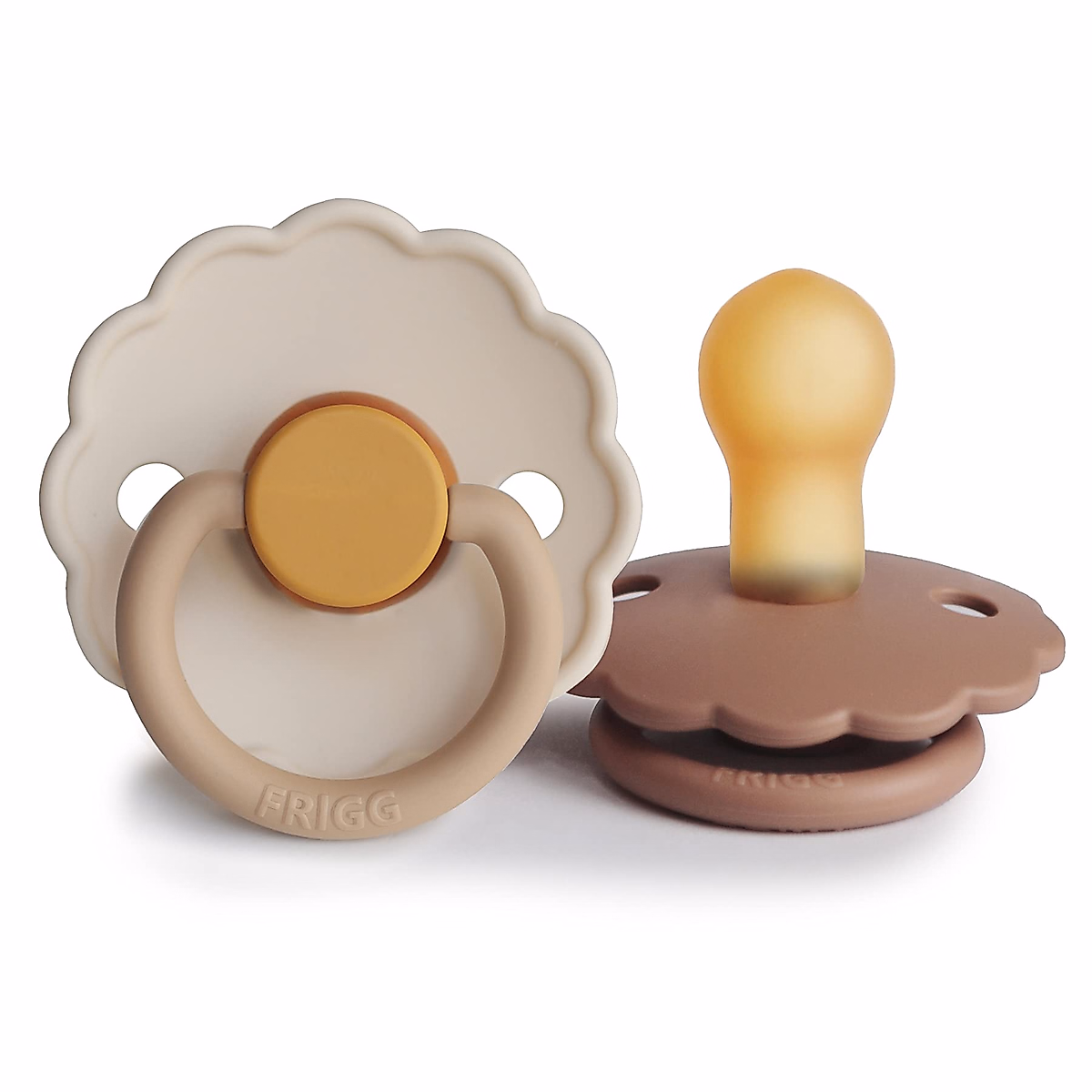 FRIGG Daisy Natural Rubber Baby Pacifier | Made in Denmark | BPA-Free (Chamomile/Peach Bronze, 0-6 Months) 2-Pack