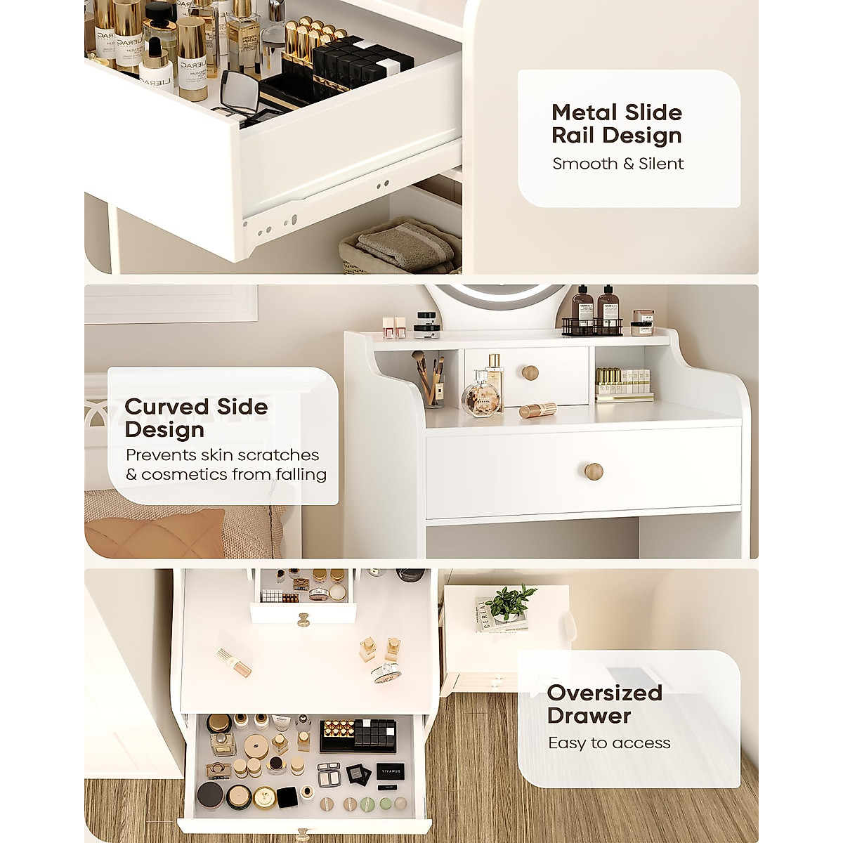 LIVELYGLOW Small Vanity Desk Set with Round Mirror and Light- Vanity Desk with Drawer- White