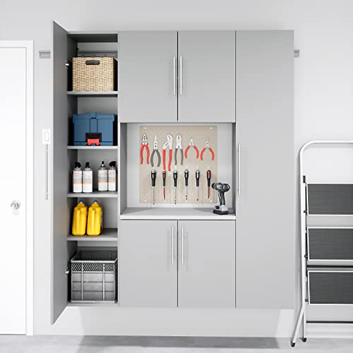 Prepac HangUps Narrow Wall Mounted Garage Storage Cabinet, Tall Storage Organizer Cabinet, 15" W x 72" H x 16" D, Light Gray