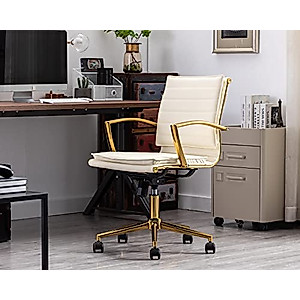 CIMOTA Leather Office Chair Comfortable Mid-Back Gold Office Desk Chair with Wheels and Arms Gold Frame Modern Ergonomic Conference Task Chair Swivel Chair for Teens Adults, PU Beige