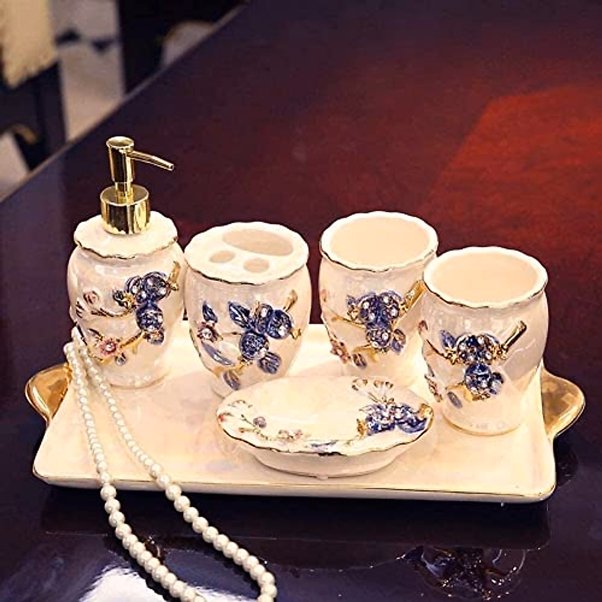 Ceramic Bathroom Five-Piece Set, Three-red Pomegranate Drill Dental Ware, Mouth Cup, Bathroom Washing Set (Color : Blue)