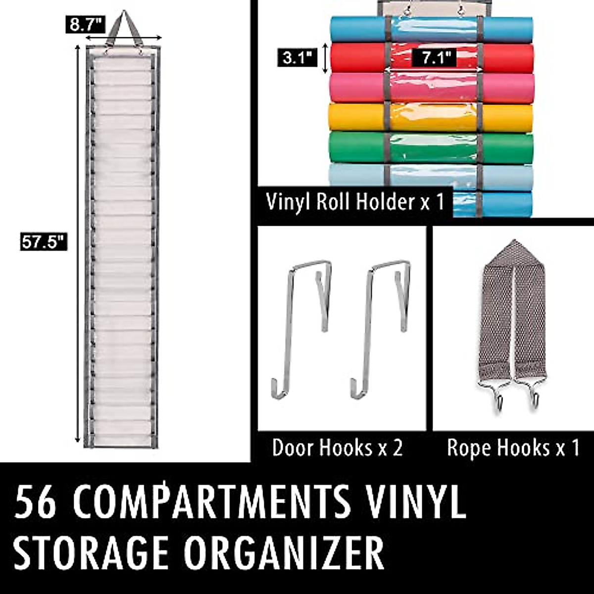 56 Compartments Hanging Vinyl Storage Organizer, Double-sided Vinyl Roll Holder Keeper with 2 Hooks for Door and 1 Lanyard, Vinyl Storage Rack Wall Mount for Craft Room Home