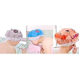 Fast and Good Cute Cartoon Waterproof Elastic Shower Cap Bath Cap for Women and Girls and Kids,Pack of 3 Pcs(Panda+Elephant+Lion)
