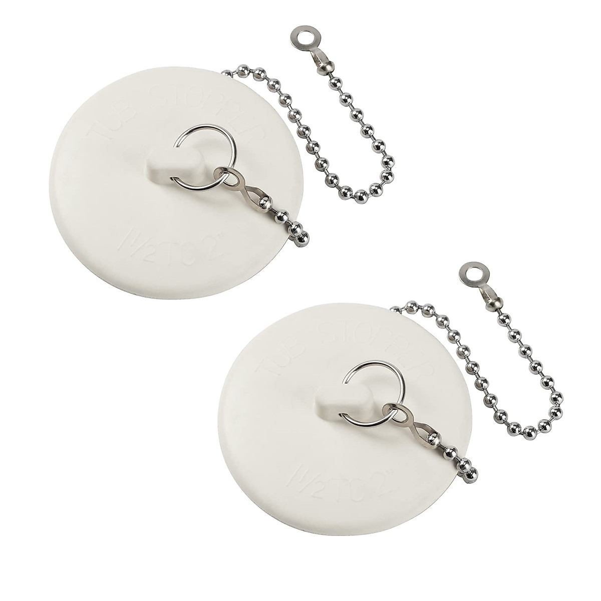 2 Packs Tub Stopper, Rubber Bathtub Stoppers Drain Plug with 15" Stainless Steel Beaded Chain, Premium Bathroom Plug Fit for 1.5" to 2" Kitchen Sink, Bathroom Bath tub, Drain Stopper, White