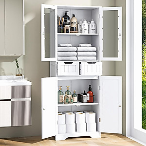 67" Tall White Bathroom Cabinet Bathroom Cabinet Storage Cabinet, Freestanding Storage Cabinet With Glass Door and Adjustable Shelves, Linen Bathroom Cabinet for Living Room, Kitchen, Dining, White