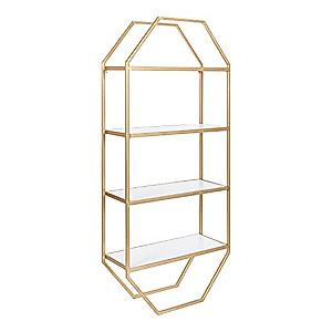 Kate and Laurel Adela Modern Octagon Wall Shelf, 18.25 x 7.5 x 41, White and Gold, Glam 4-Tier Shelf for Storage and Display