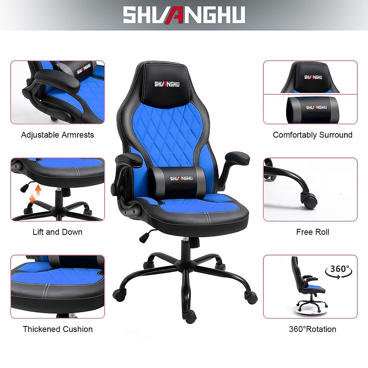 shuanghu Computer Gaming Chair Ergonomic Recliner Office Chair High Back Gaming Chair with Adjustable Headrest and Swivel Armrests and Lumbar Support for Men Women Adults Gamer (Blue)