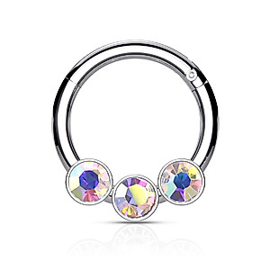 Pierced Owl 16G Stainless Steel Triple Crystal Helix Cartilage Daith Septum Hinged Segment Ring (Silver Tone/Aurora Borealis)