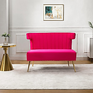 HULALA HOME Mid-Century Velvet Upholstered Loveseat Sofa Armless, Modern Loveseat Couch with Golden Metal Legs, Living Room Tufted Velvet 2 Seater Sofa Chairs for Apartment Small Spaces（FUCHSIA）