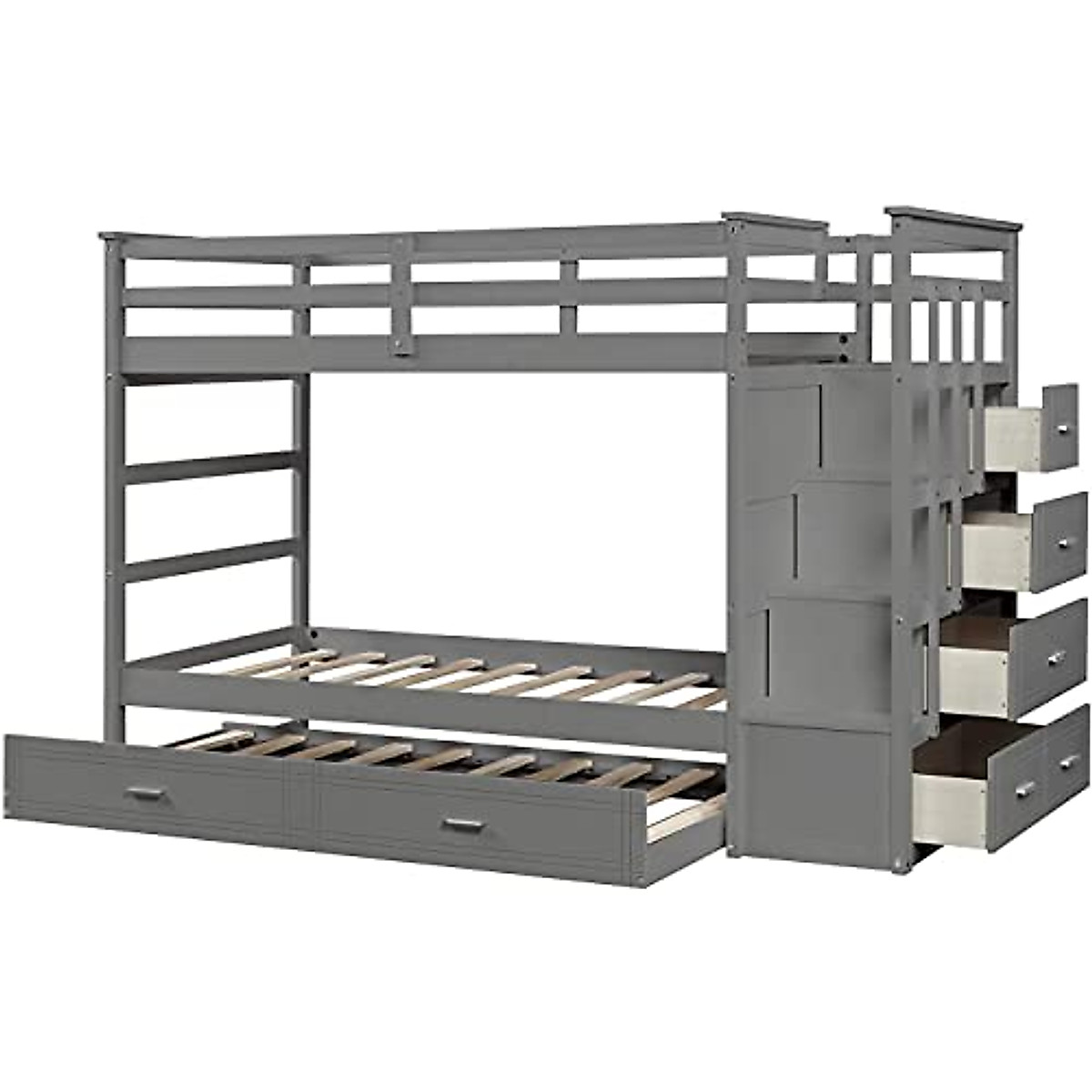 STP-Y Solid Wood Bunk Bed Frame No Box Spring Needed with Guardrails, Ladder and Storage Stairs for and Teens Platform, Twin Over Full, Gray (Color : Grey with Hiden Drawers)