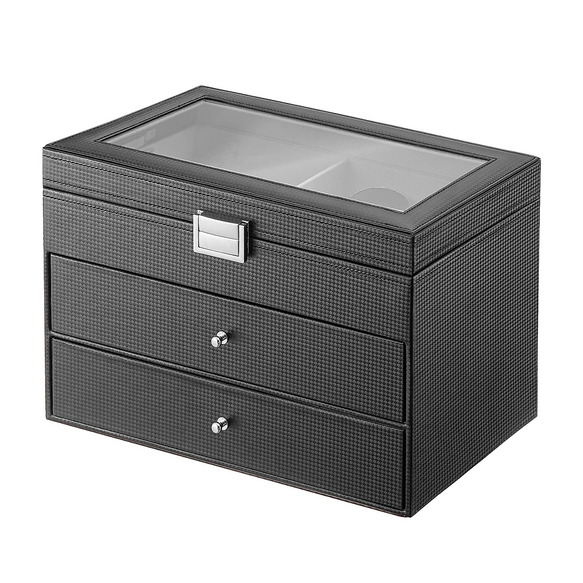 Oyydecor Sunglasses Organizer for Women Men, 3-layer 18 Slots Glasses Case Sunglass Eyeglasses Collector Eyewear Display Storage Box with Drawer Clear Glass Top, Carbon Fiber, Black