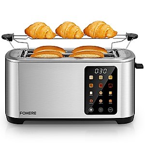 4 Slice Toaster Touch Screen Control, Long Extra Wide Slots Smart Bread Toaster, 6 Bread Types & 6 Shade Settings, Stainless Steel Toaster, with Removable Tray, Cancel/Defrost/Reheat Function, Sliver