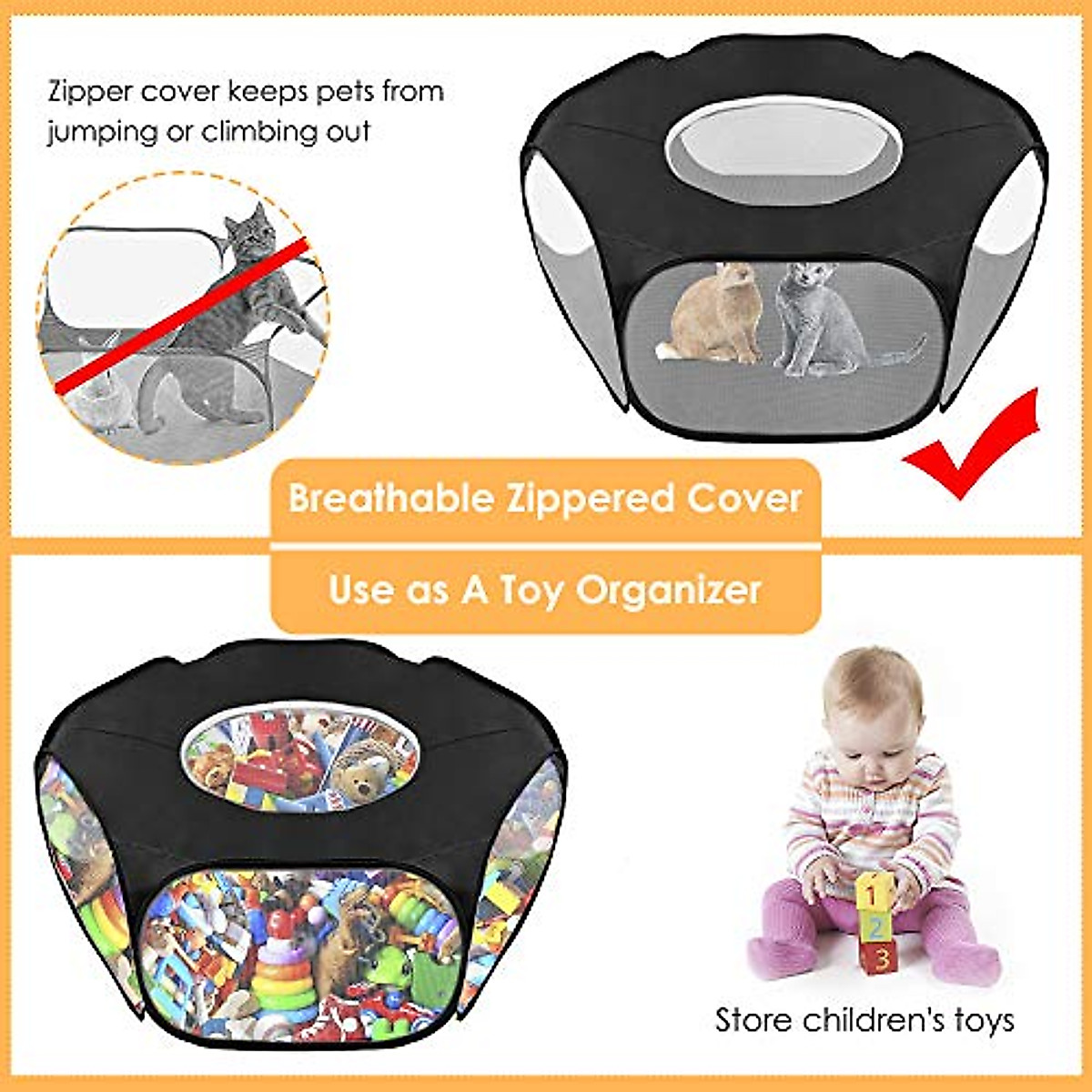 Lukovee Small Animal Playpen, 39.3''x15'' Foldable Pet Cage with Top Cover Anti Escape, Breathable Transparent Indoor / Outdoor Use Pop Up Yard Fence for Kitten, Puppy, Guinea Pig, Rabbits, Hamster(B)