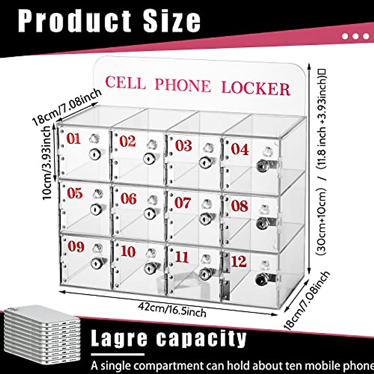 Clear Cell Phone Locker Box with Keys 12 Slots Acrylic Cell Phones Storage Cabinet Wall Mounted Clear Phone Lock Box Classroom Phone Organizer for Pocket Cellphone Holder School Office Classroom